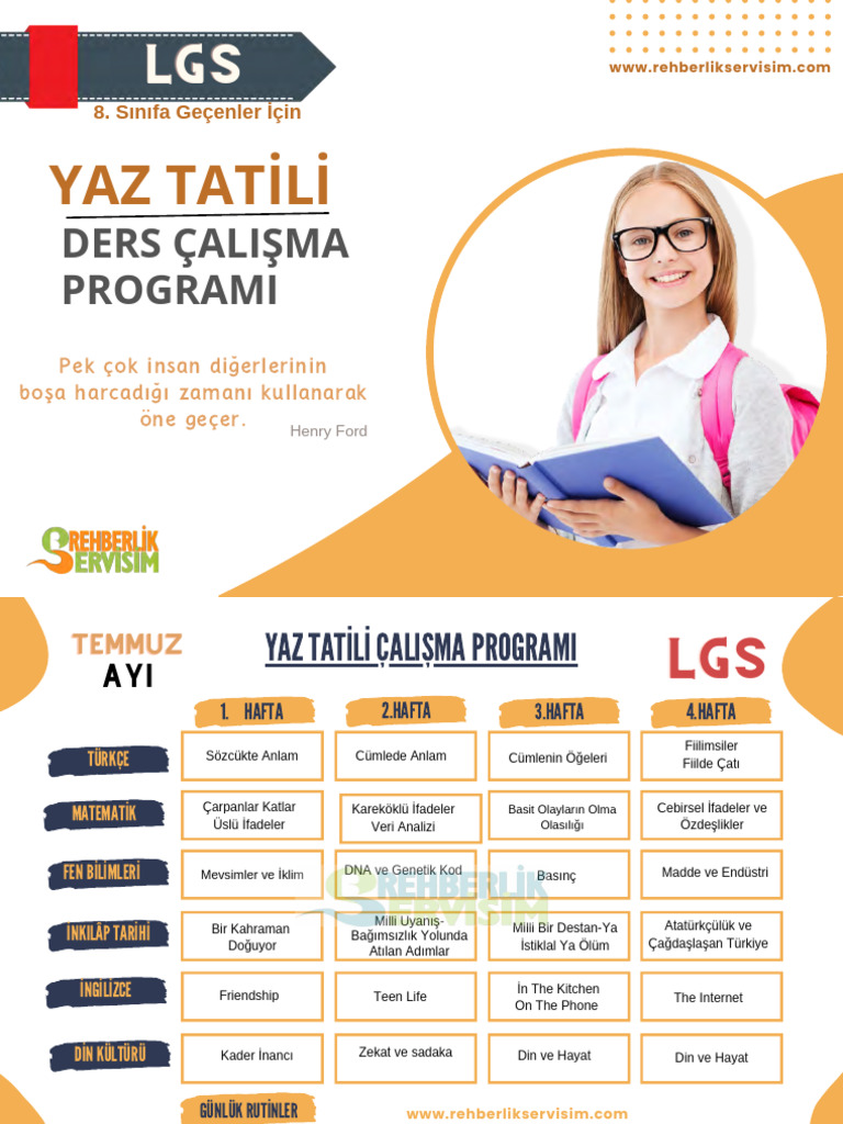 LGS Yaz Tatili Ders Calisma Programi 1 | PDF