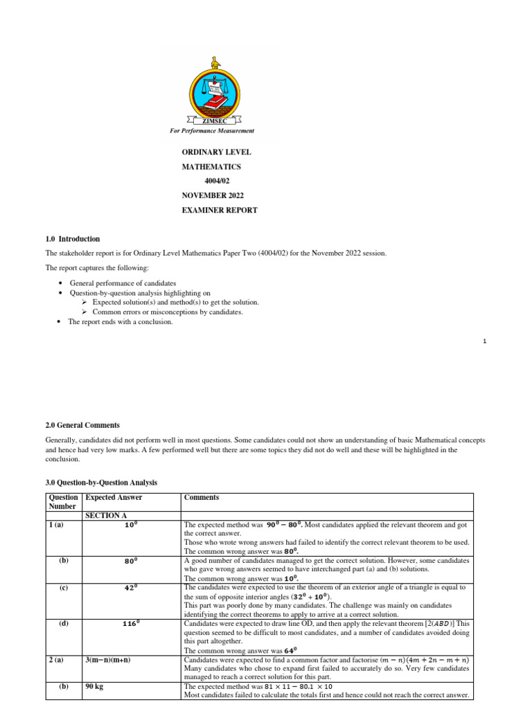 Ordinary Level Mathematics 4004 02 November 2022 Examiner Report | PDF ...