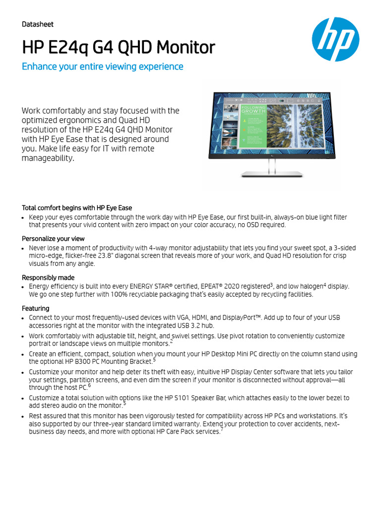 HP E24q G4 Monitor - Datasheet | PDF | Computer Monitor | Hdmi