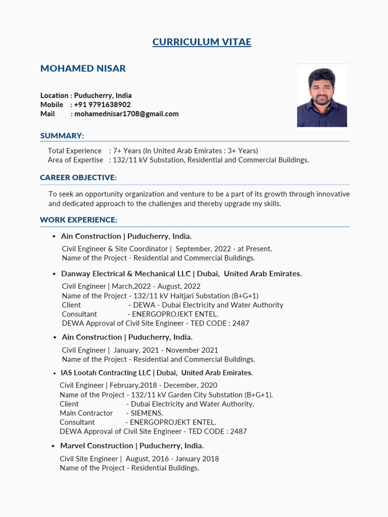 CV - Nisar Civil Engineer 2024 | PDF | Engineering
