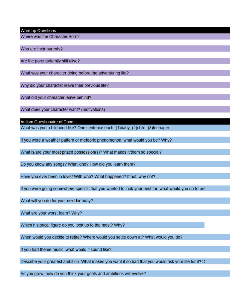Character Development Warmup Questions | PDF