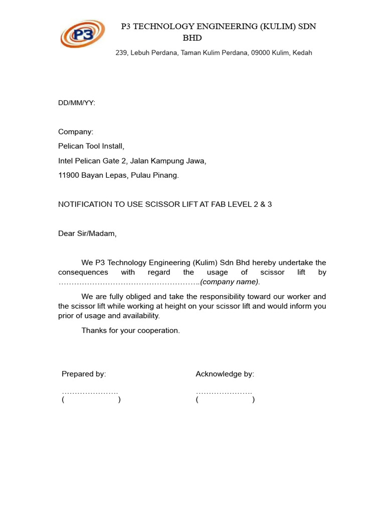 Undertaking Letter - Scissor Lift | PDF