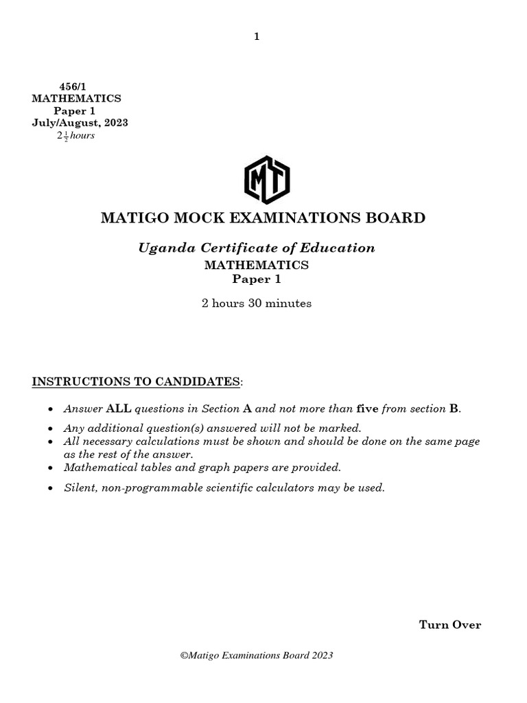 Matigo Mocks MTC1 Uce 2023 | PDF | Matrix (Mathematics) | Mode (Statistics)