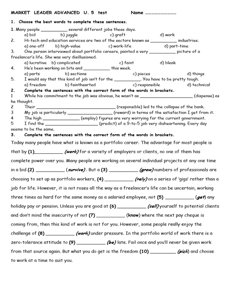 Market Leader Advanced Unit 5 Test F | PDF | Employment | Layoff