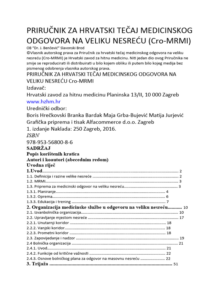 Priručnik Za Hrvatski Tečaj Medicinskog Odgovora Na Veliku Nesreću | PDF