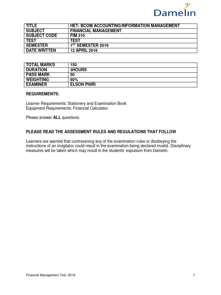 Financial Management Degree Test | PDF | Capital Asset Pricing Model ...