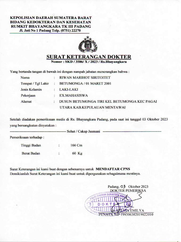 Surat Keterangan Kesehatan-Riwan Marihot Siritoitet | PDF