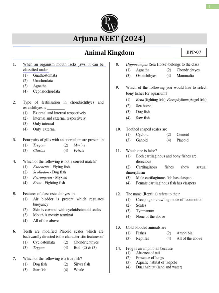 Animal Kingdom - DPP-07 (Of Lec-11) - Arjuna NEET 2024 | PDF | Fish | Amphibian