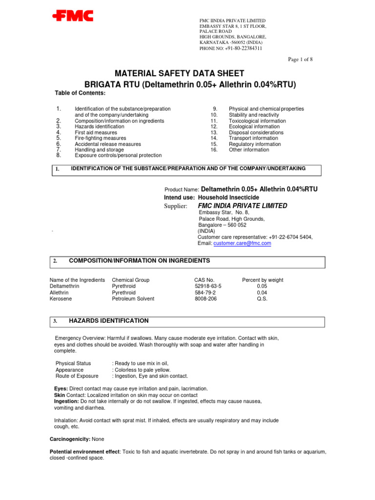 Brigata Insecticide MSDS Overview | PDF | Oil Spill | Water