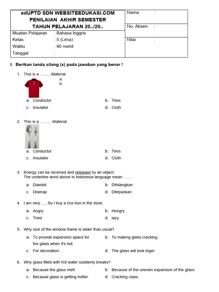 Soal PAT Kelas 5 - Bahasa Inggris | PDF | Mixture | Water