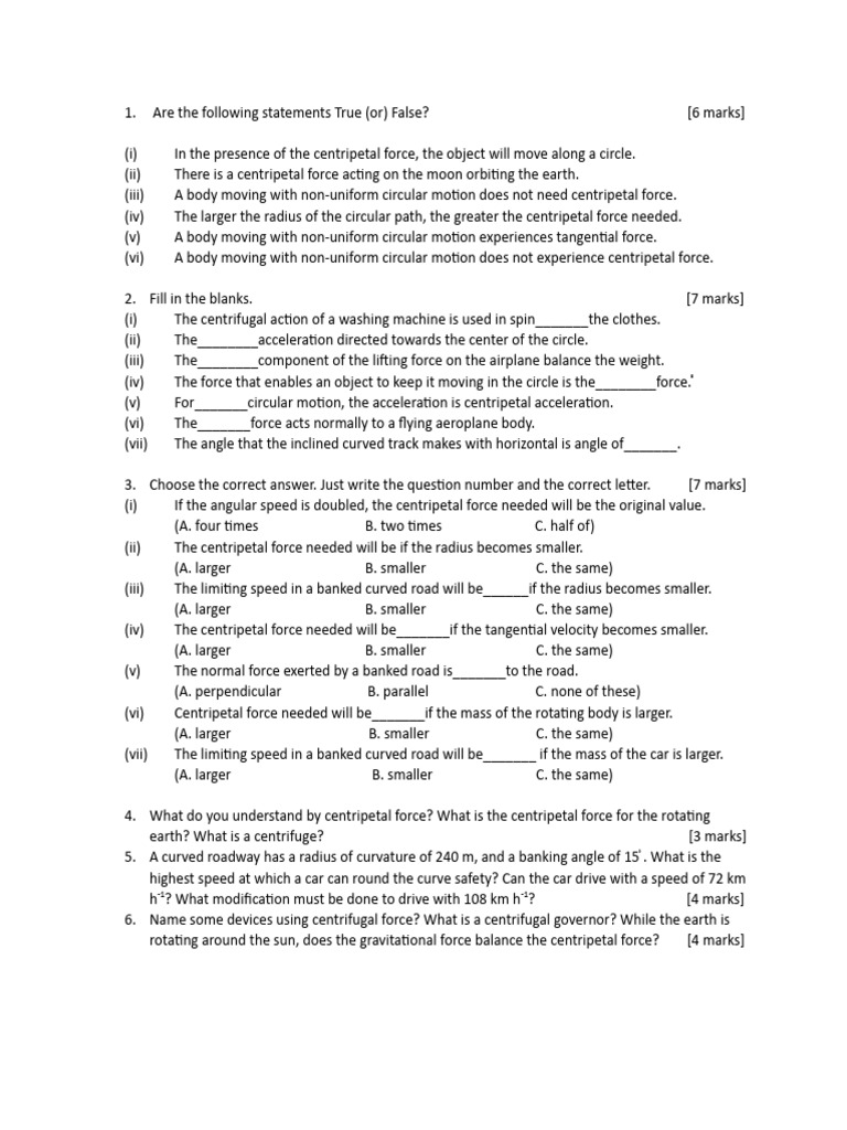 Centripetal Force and Circular Motion Quiz | PDF | Force | Acceleration