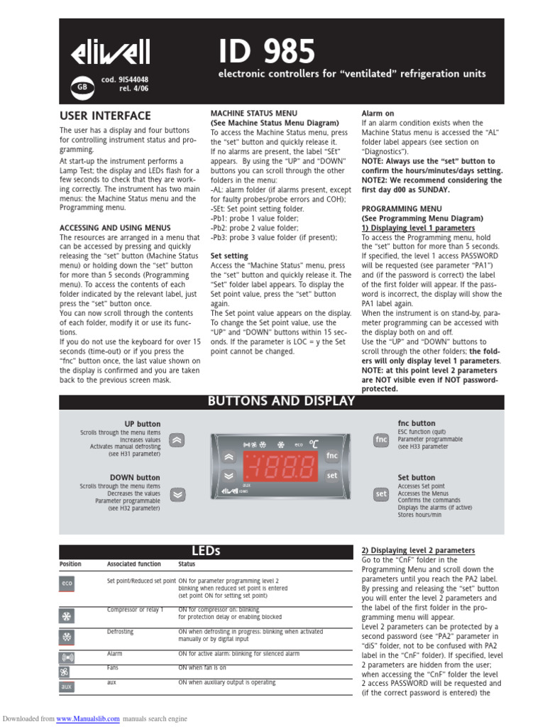 Id - 985 Eliwell Controller | PDF | Menu (Computing) | Parameter (Computer Programming)