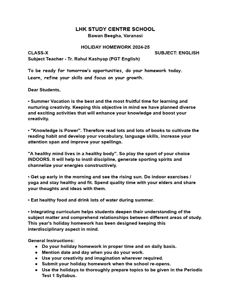 English Holiday Homework | PDF | English Language | Homework