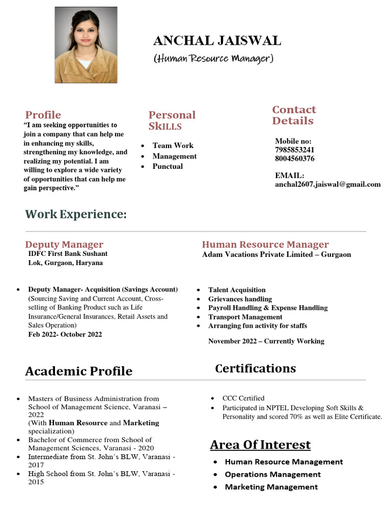 Anchal HR Resume | PDF | Human Resources | Human Resource Management