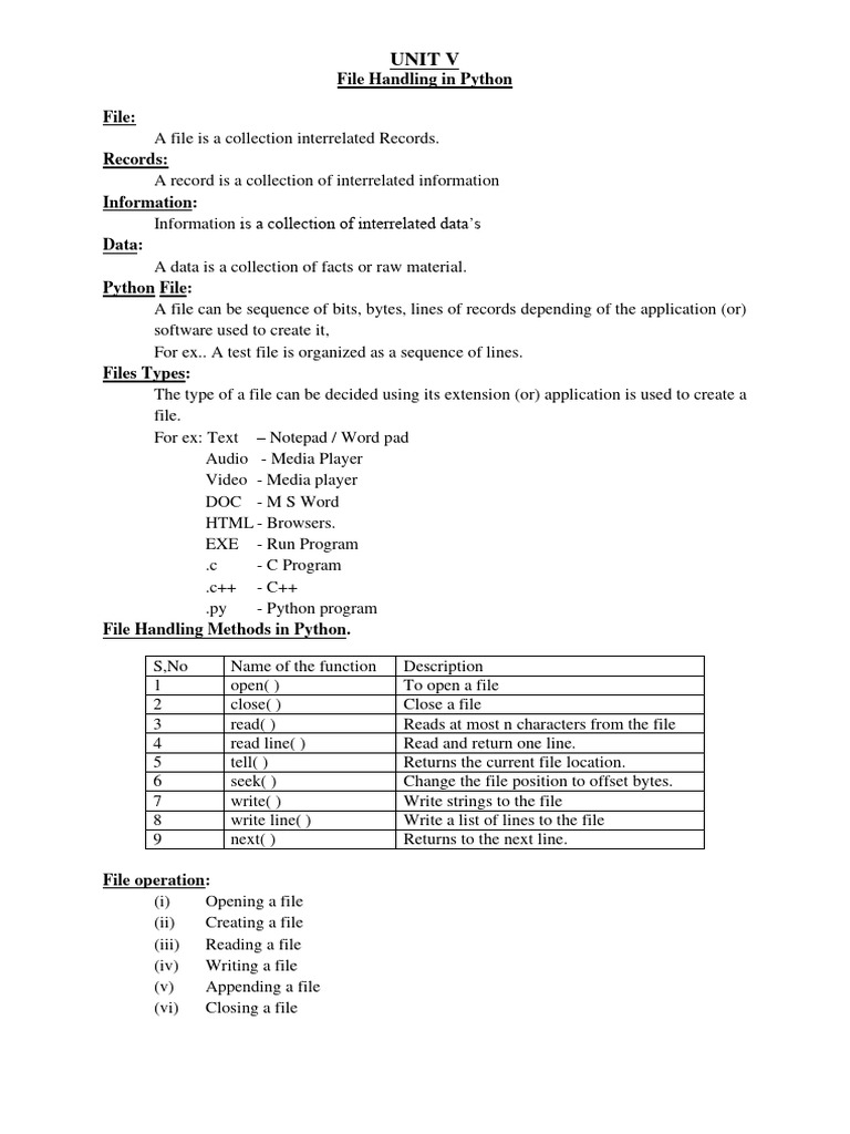 Unit V Pyhton Notes Download Free Pdf Computer File Python