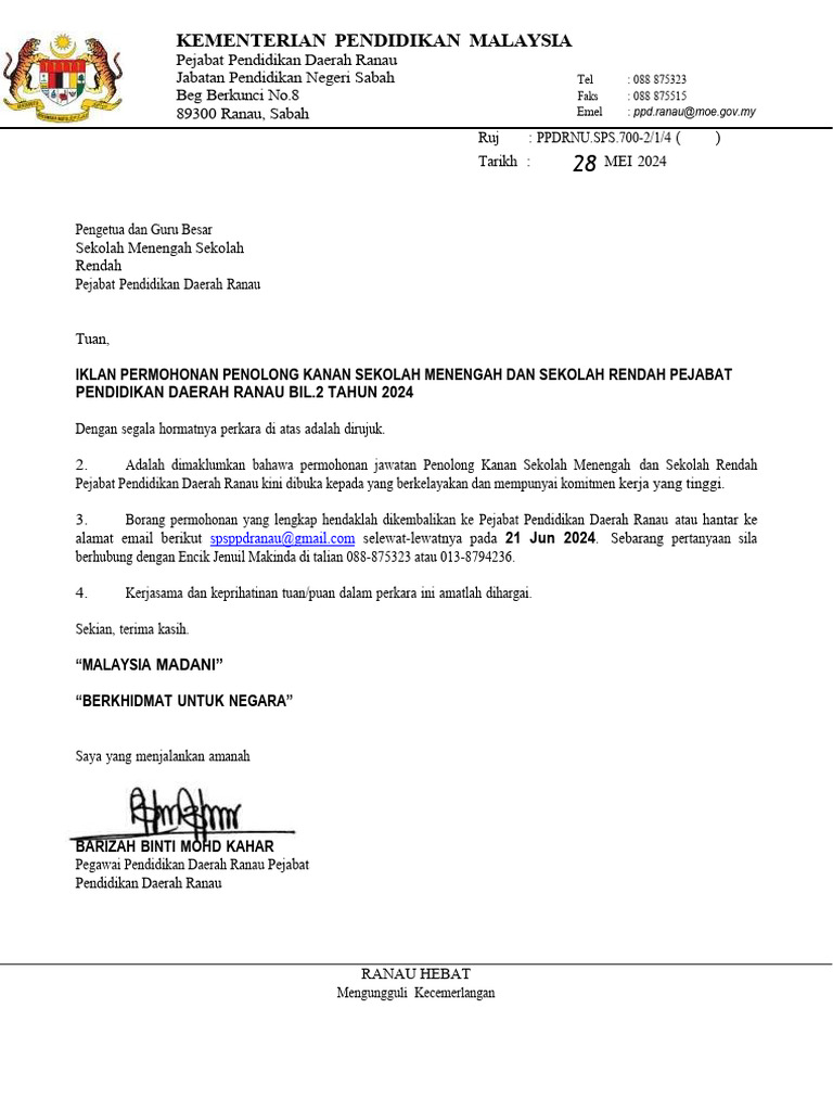 Iklan Permohonan PK SR & SM PPD Ranau Bil2 2024 240528 152702 | PDF