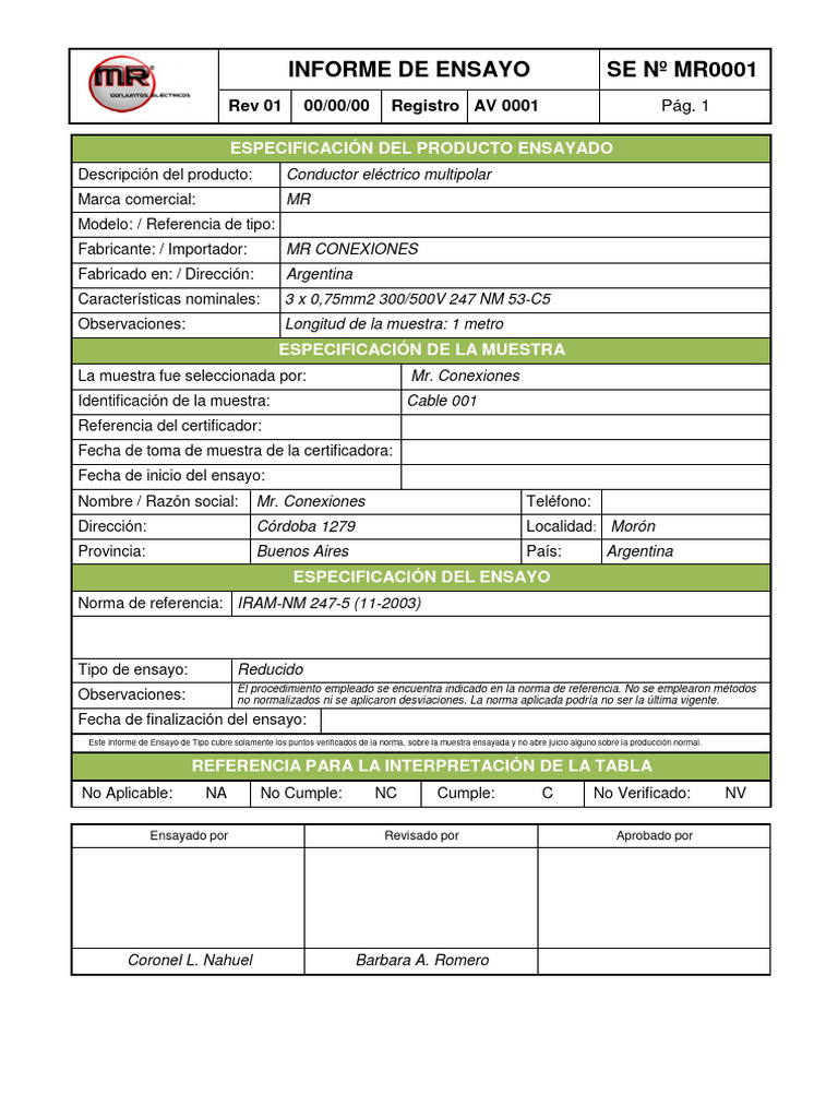 Informe Ensayo Reducio Laboratorio MR Cable 3x0,75mm | PDF | Materiales | Electromagnetismo
