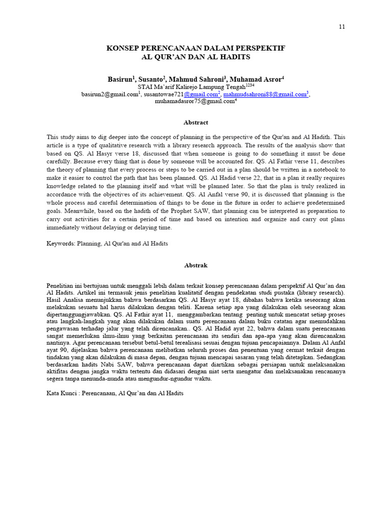 Perencanaan Dalam Perspektif Al Qur'an Dan Al Hadits | PDF