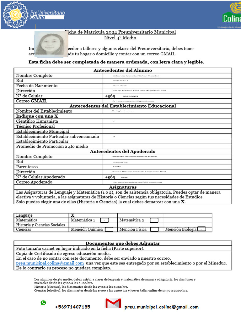 Ficha de Matr-Cula 2024 4-Medio | PDF | Science