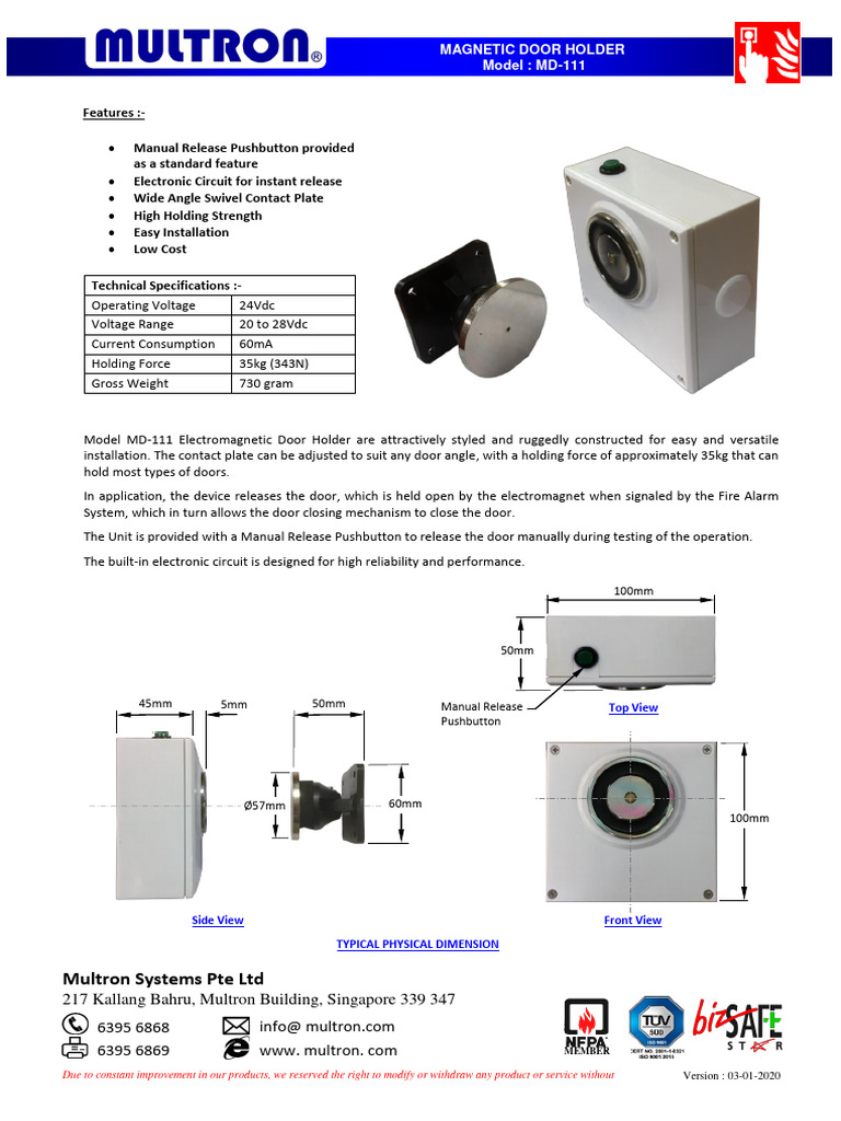 Magnetic Door Holder MD 111 | PDF | Electromagnetism | Electricity