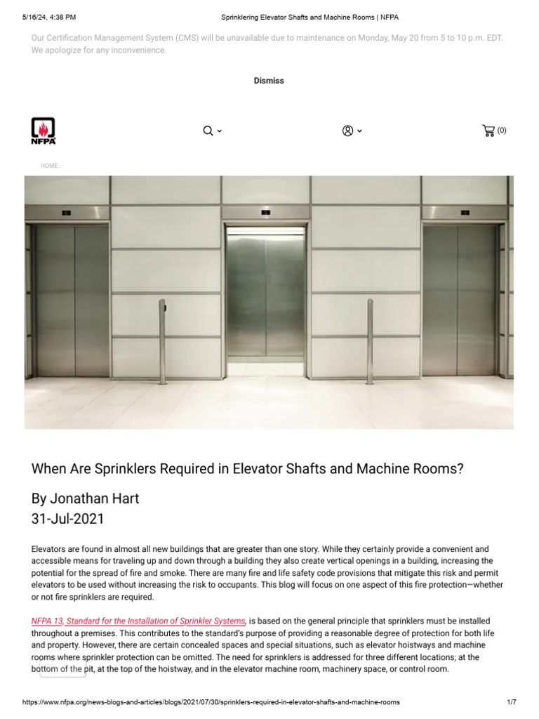 Sprinklering Elevator Shafts and Machine Rooms - NFPA | PDF | Elevator ...