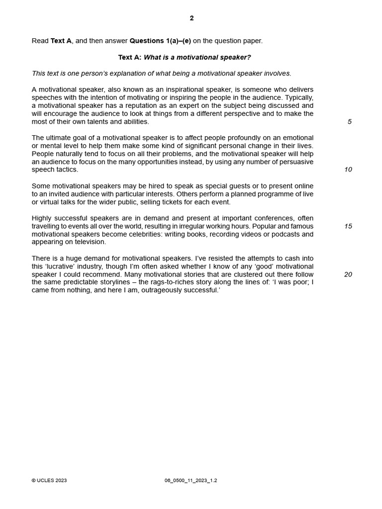 Reading Comprehension - What Is A Motivational Speaker Insert | PDF