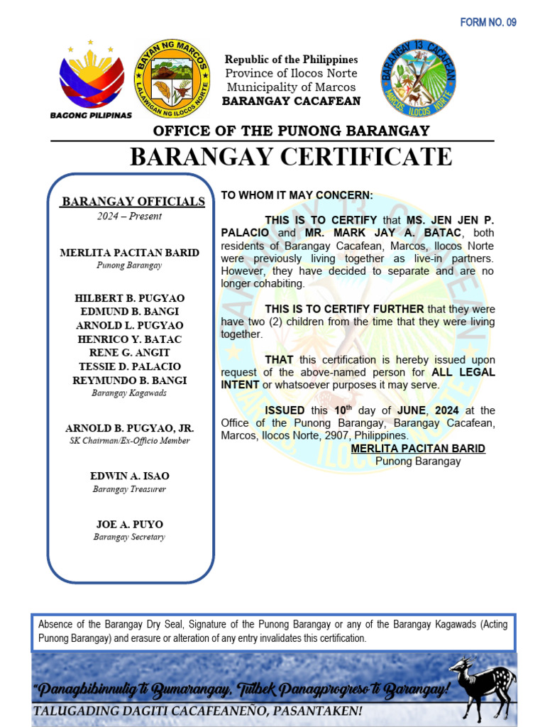 Barangay Certificate of Cohabitation | PDF