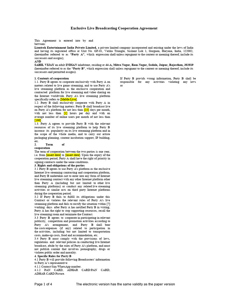 (Individual) 2022 Exclusive Live Streaming Cooperation Agreement | PDF ...