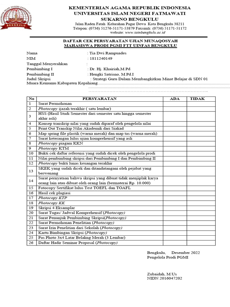 Blangko Daftar Checklist Persyaratan Munaqosyah Tambahan Fix | PDF