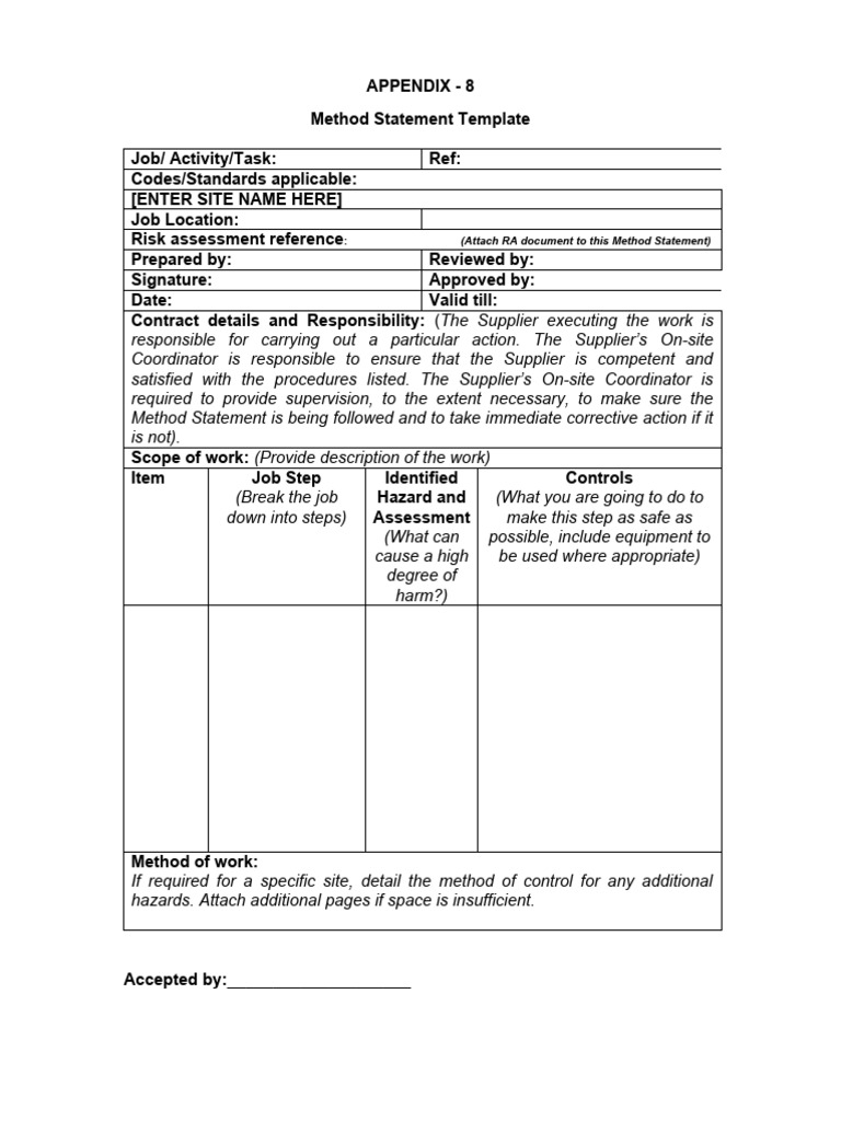 Appendix 8 - Method Statement Template | Download Free PDF | Risk Assessment | Risk