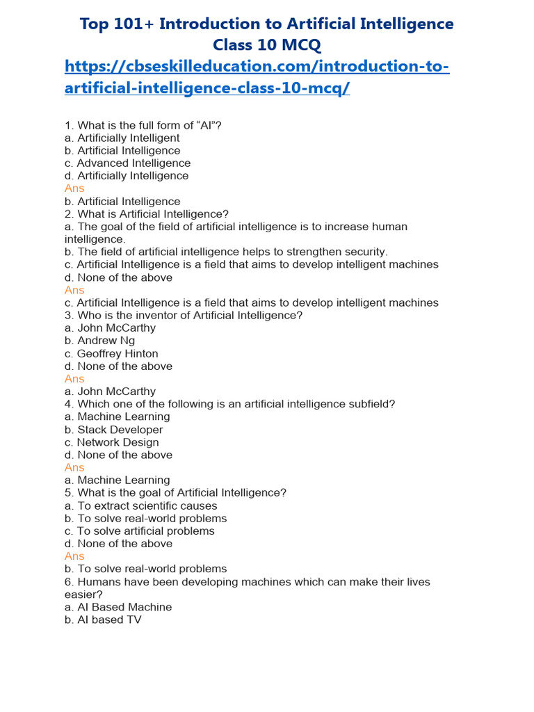 MCQ Artificial Intelligence Class 10 Data Science | PDF | Artificial ...