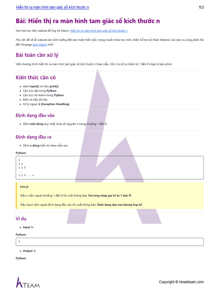 HOWKTEAM.VN - Hiển thị ra màn hình tam giác số kích thước n | PDF