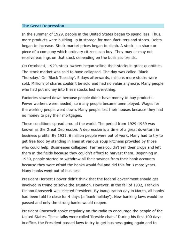 The Great Depression Read Comprehension | PDF | Great Depression ...