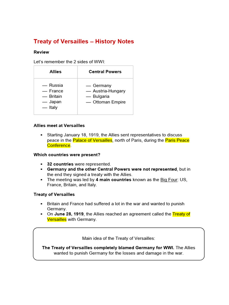 Treaty of Versailles - History Notes | PDF | Treaty Of Versailles ...