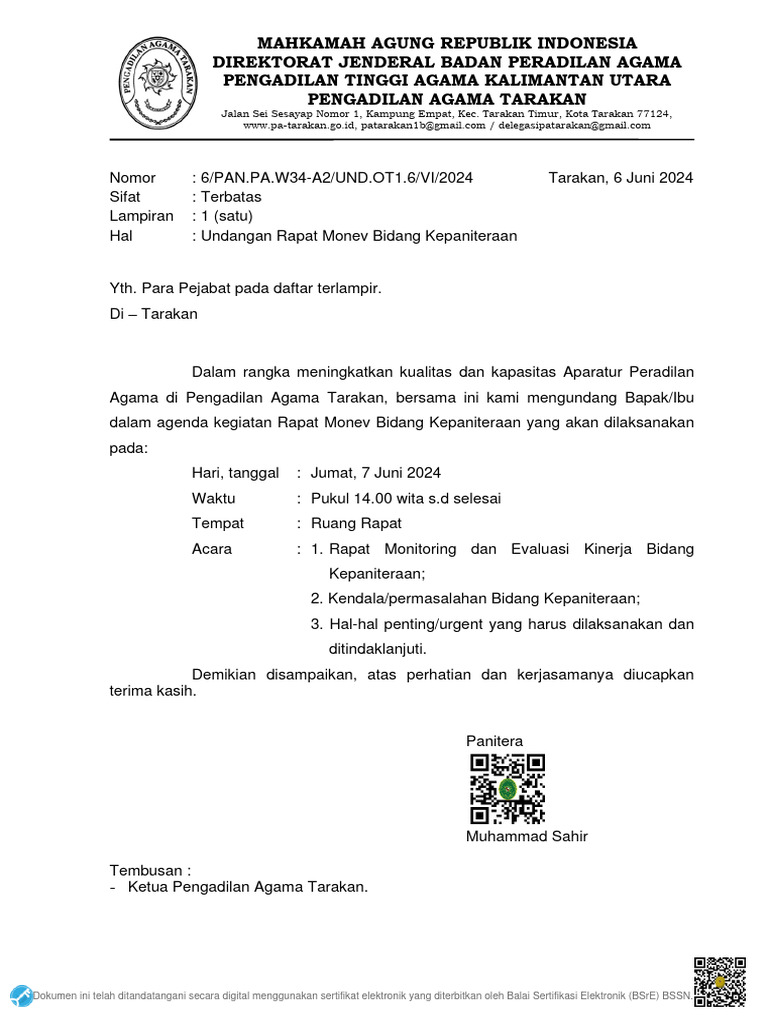 01 Undangan Rapat Internal Kepaniteraan | PDF