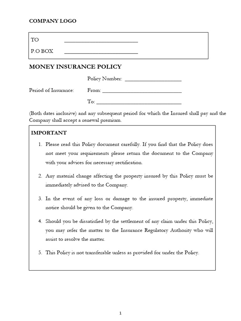 Standardised Money Insurance Policy | PDF | Insurance | Indemnity
