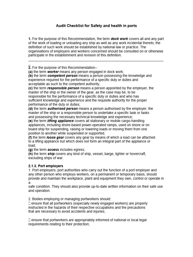 Audit Checklist For Safety and Health in Ports | PDF | Occupational ...