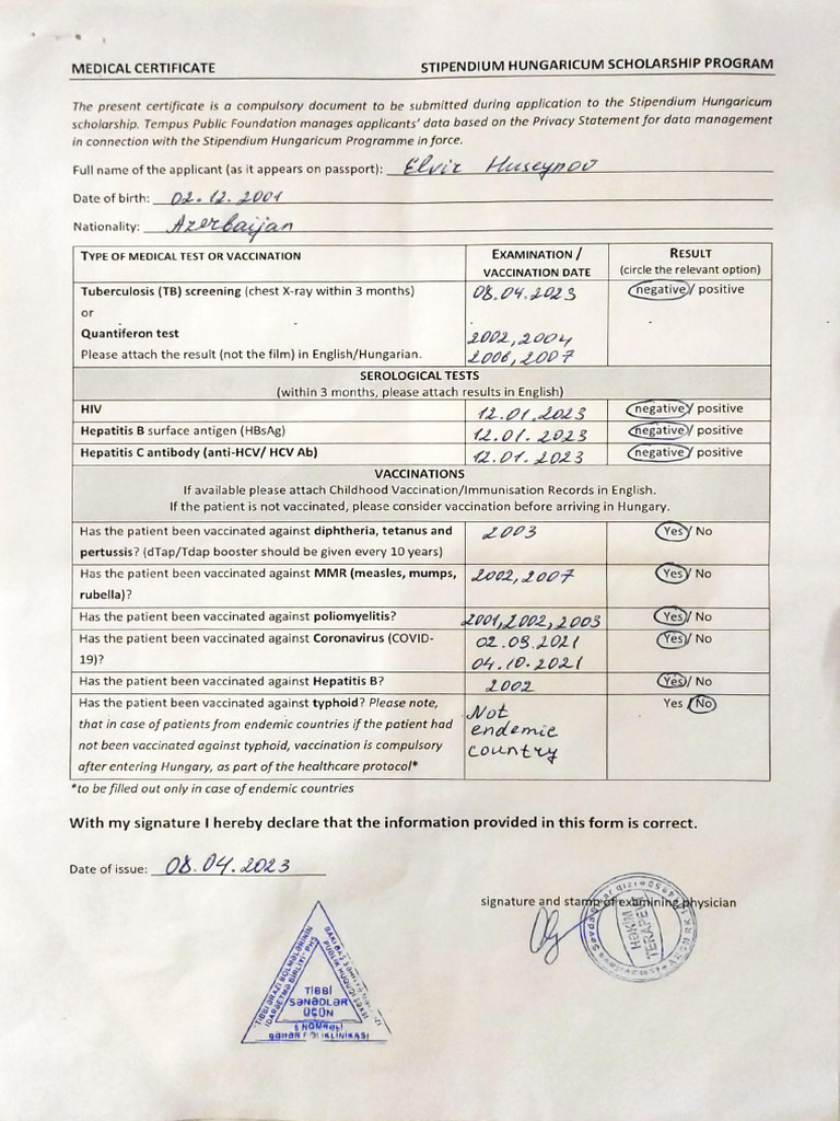 Mandatory Medical Certificate | PDF
