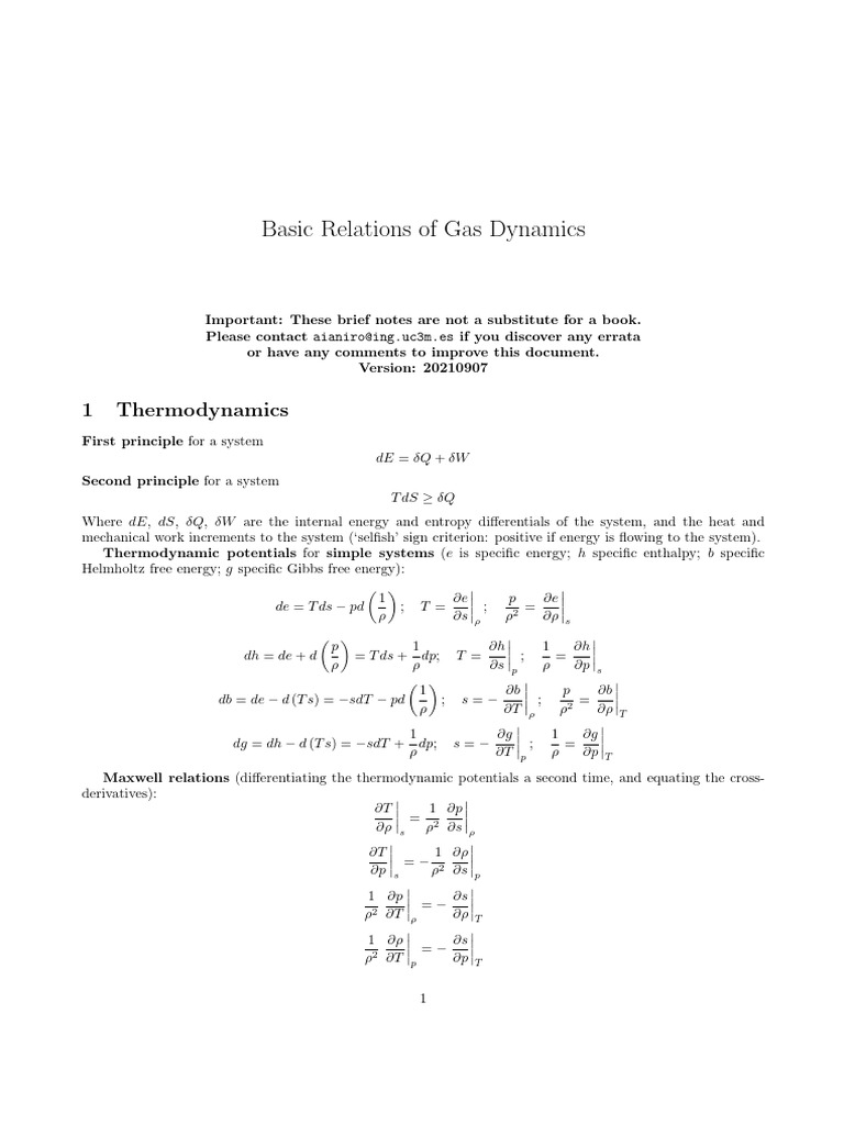 Basic_relations | PDF | Fluid Dynamics | Gases