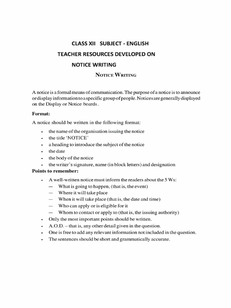 Class XII English Notice Writing Guide | PDF