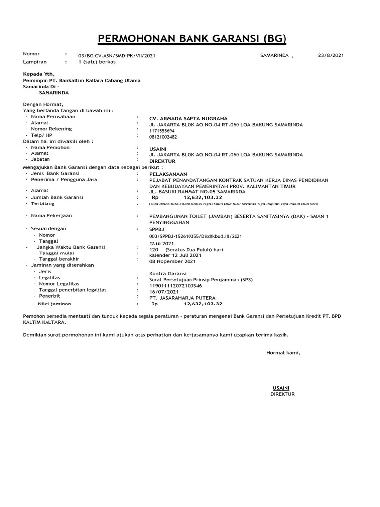 Permohonan Bank Garansi CV. ASN | PDF