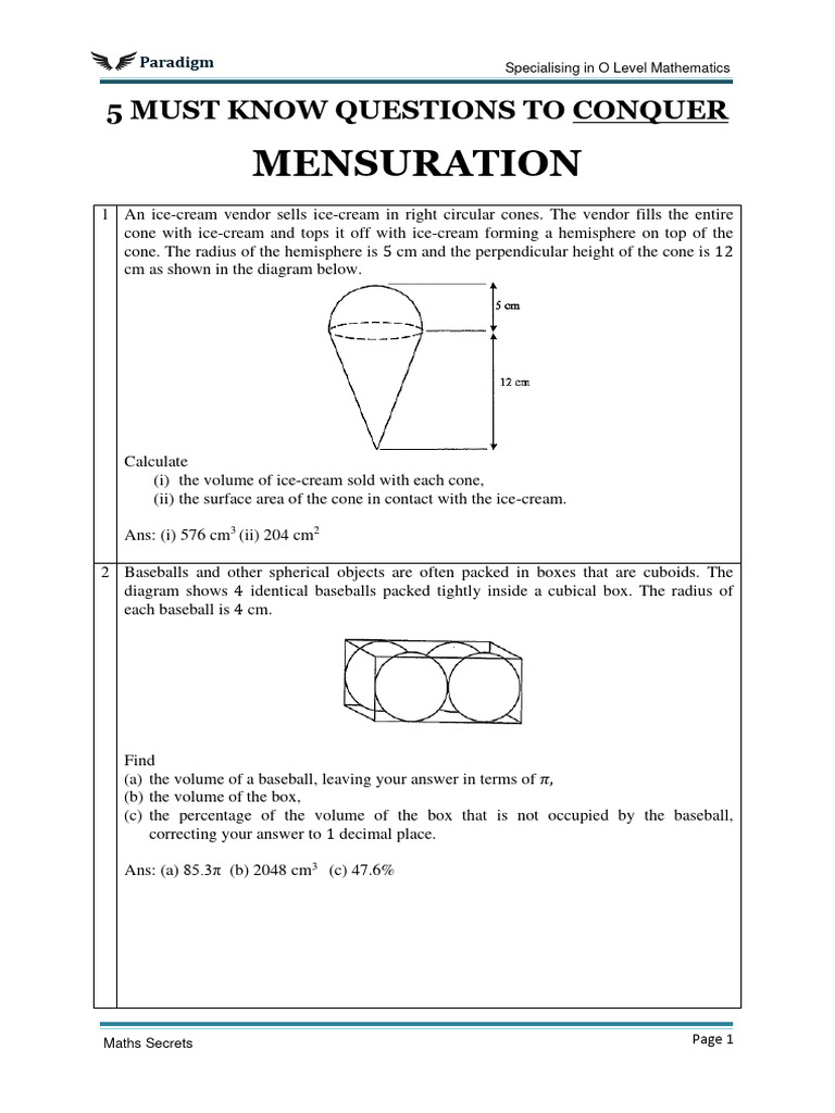 O Level Mensuration Math Questions | PDF | Volume | Area