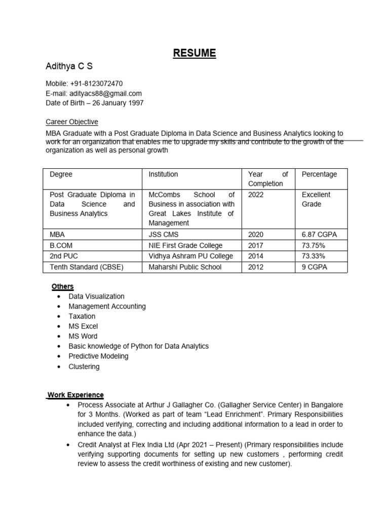 Adithya C S Resume | Download Free PDF | Statistics | Cognition