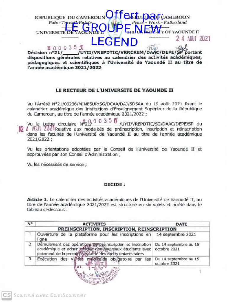 Calendrier Académique de L'université de Yaoundé 2 Pour Le Compte de L'année 2021-2022 | PDF