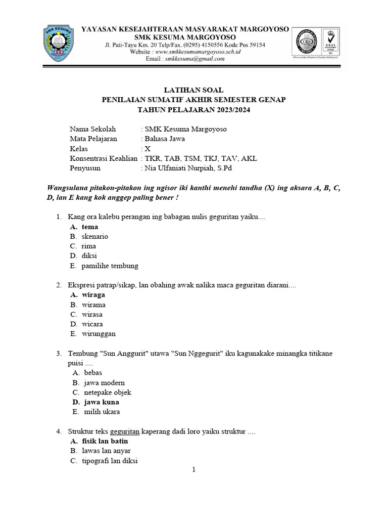 LATIHAN PSAS GENAP B.JAWA KLS Xdipanam | PDF