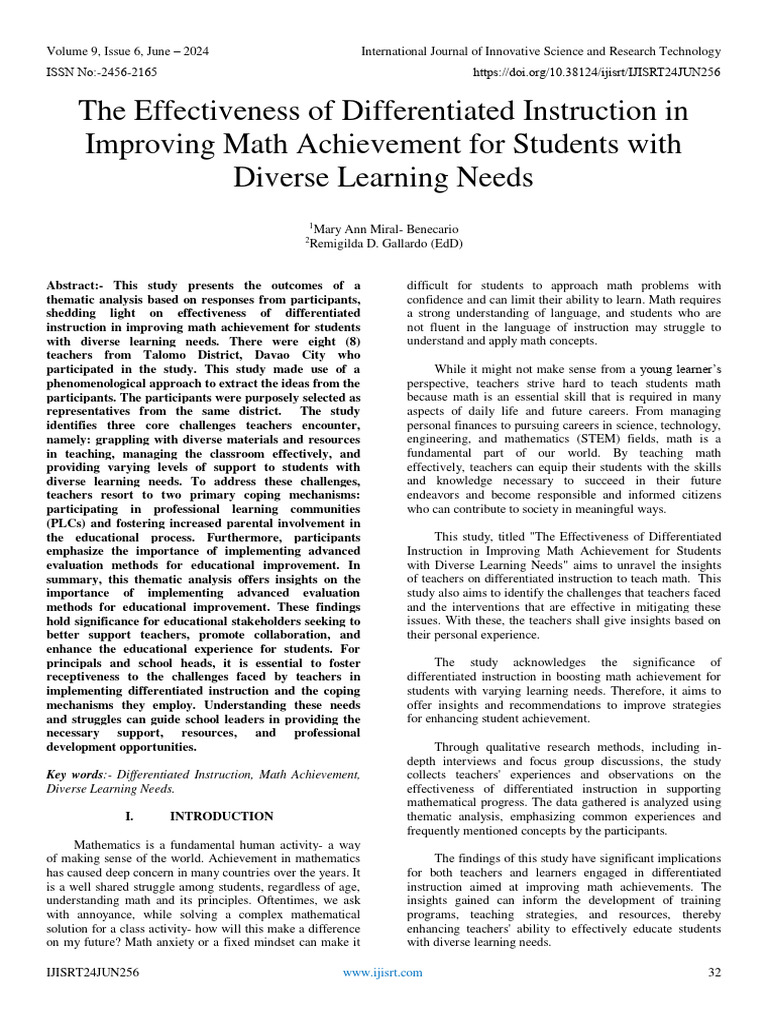The Effectiveness of Differentiated Instruction in Improving Math Achievement For Students With ...