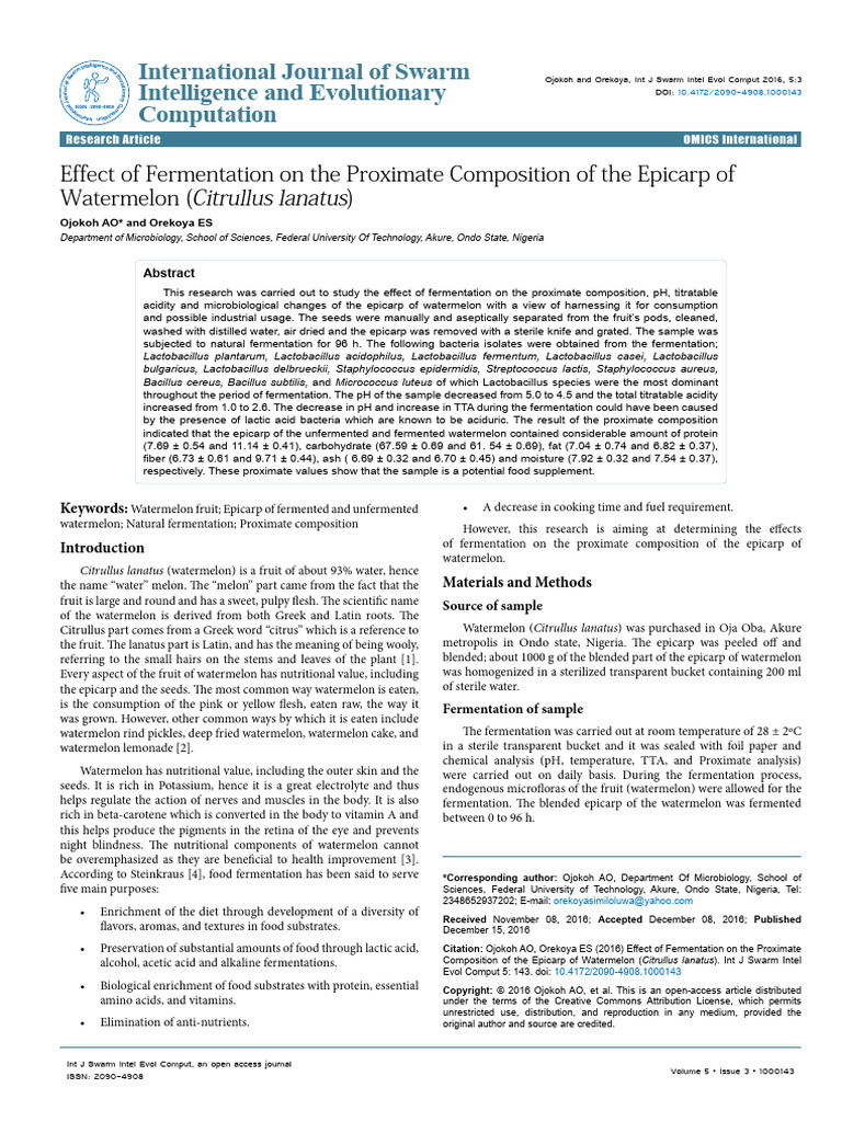 Fermentation Effects on Watermelon Epicarp | PDF | Watermelon ...