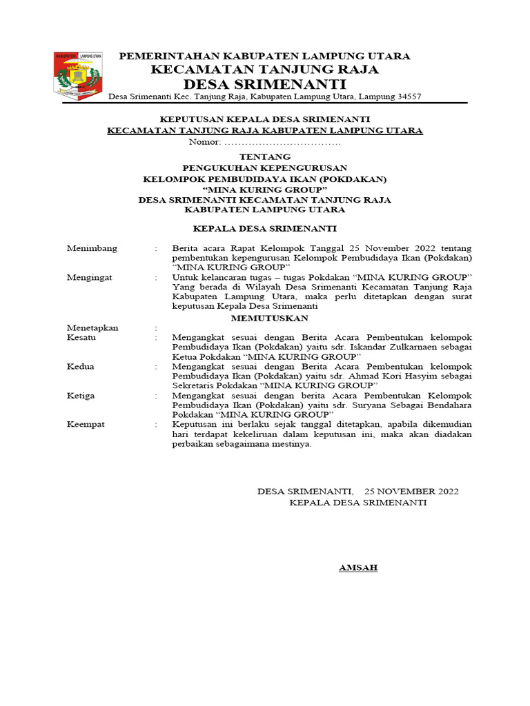 Pengukuhan Pokdakan Mina Kuring Srimenanti | PDF