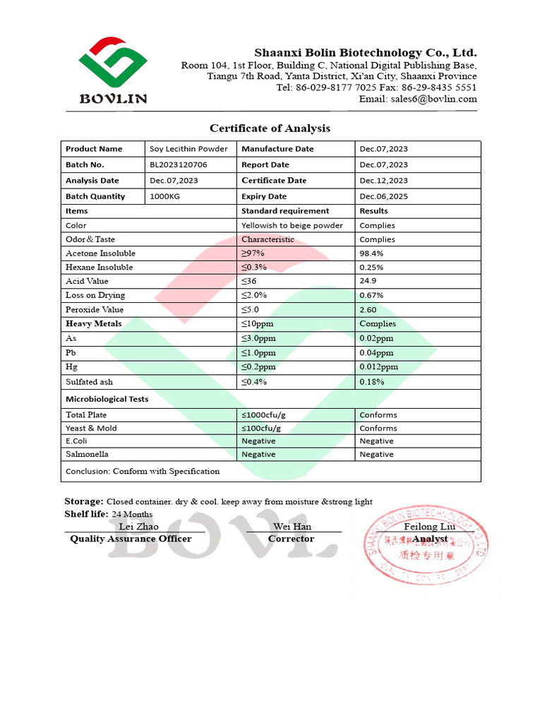 COA of Soy Lecithin Powder | PDF | Chemistry