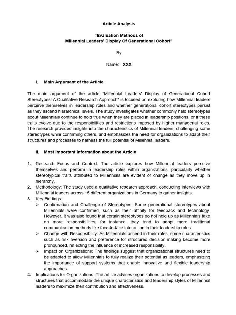 Article Analysis 2-Evaluation Methods of Millennial Leaders' Display of Generational Cohort ...
